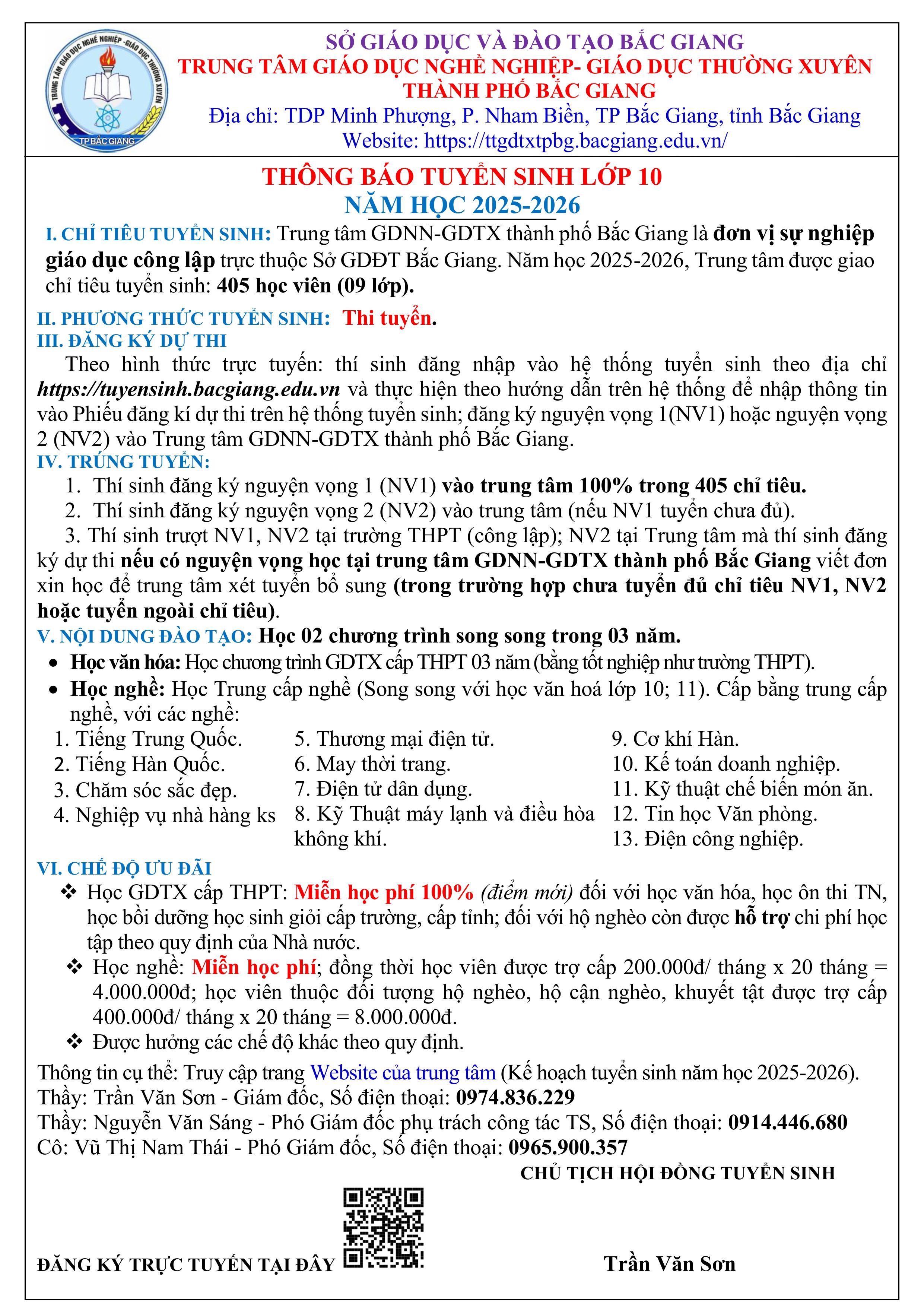 THÔNG BÁO TUYỂN SINH LỚP 10 NĂM HỌC 2025-2026 - Trung tâm GDNN-GDTX Thành phố Bắc Giang